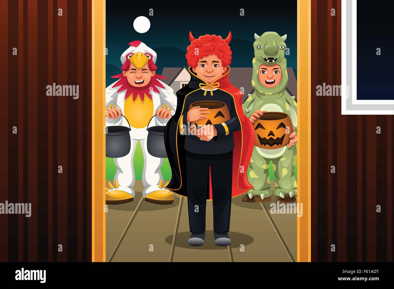 A vector illustration of little kids wearing Halloween costumes going ...
