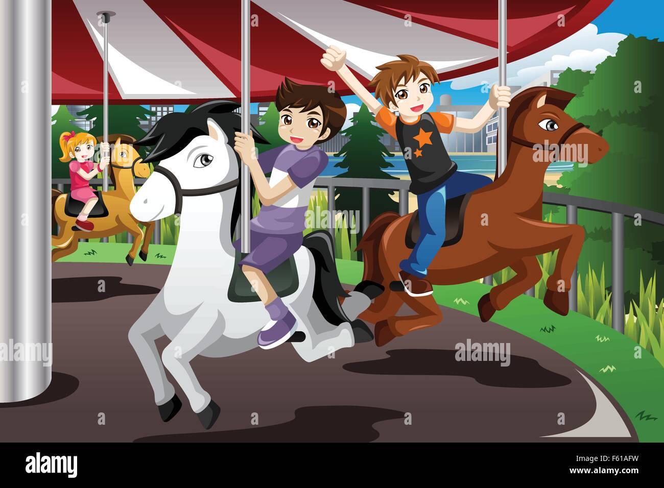 A vector illustration of happy kids riding merry go round in an ...