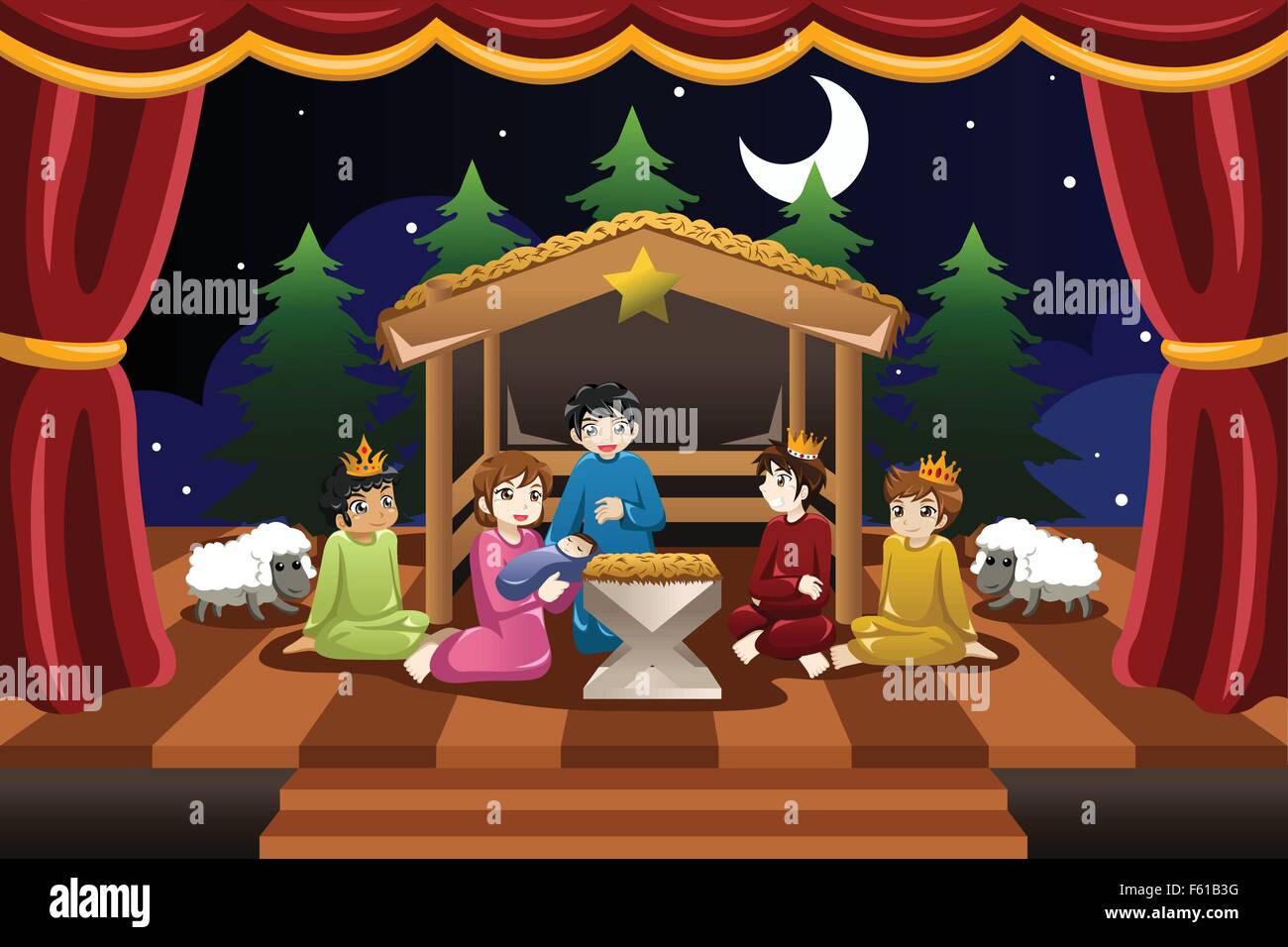 A vector illustration of kids playing in Christmas drama Stock Vector ...