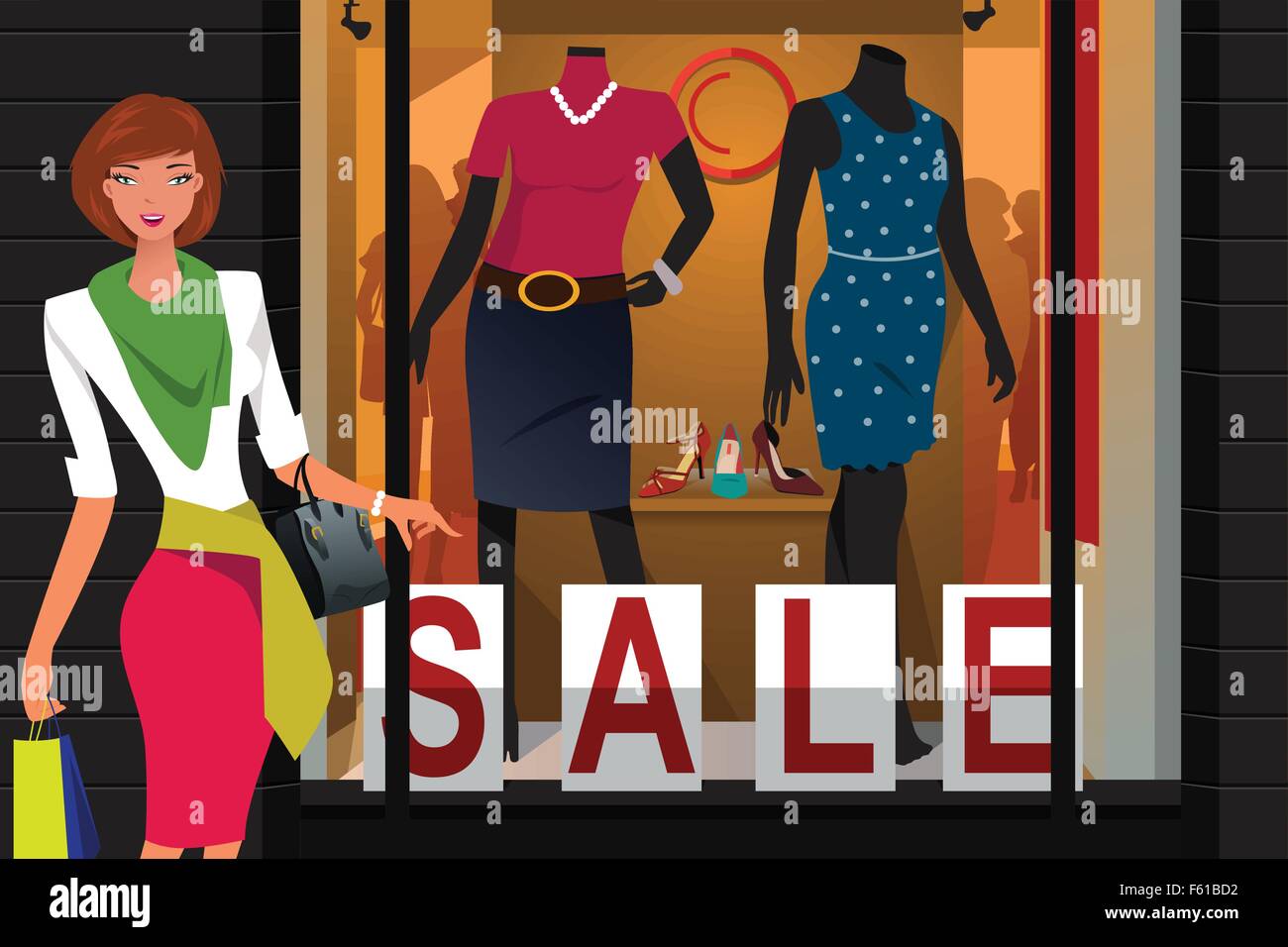 A vector illustration of beautiful girl with shopping bags at mall ...