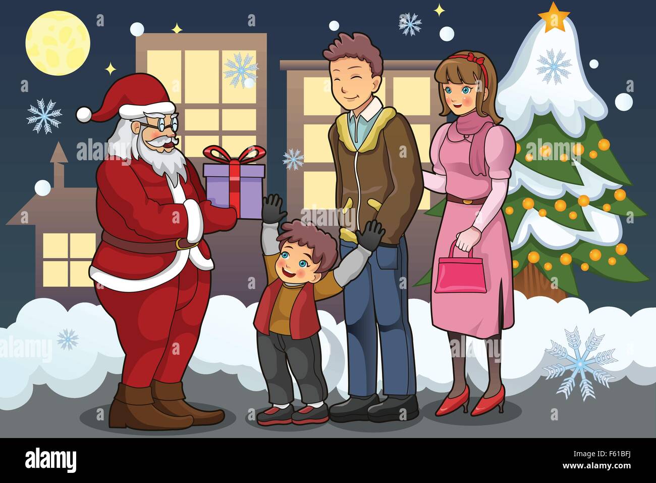 A vector illustration of Santa Claus giving out Christmas presents to a ...