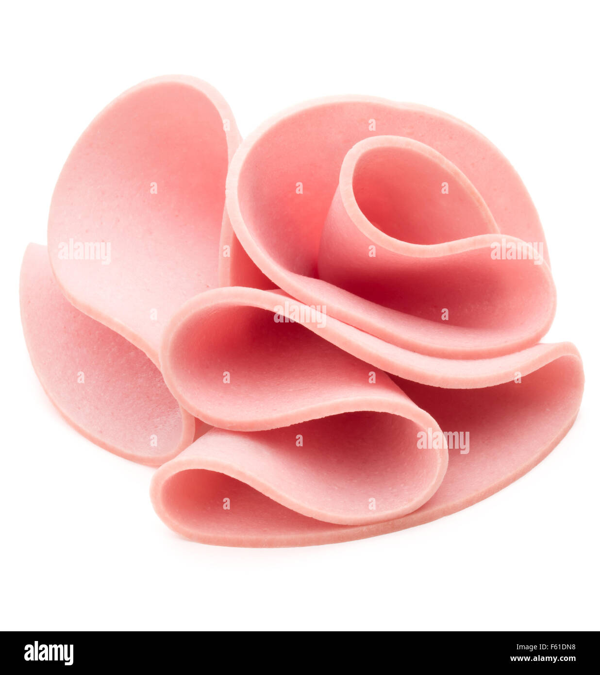 cooked boiled ham sausage or rolled bologna slices isolated on white ...