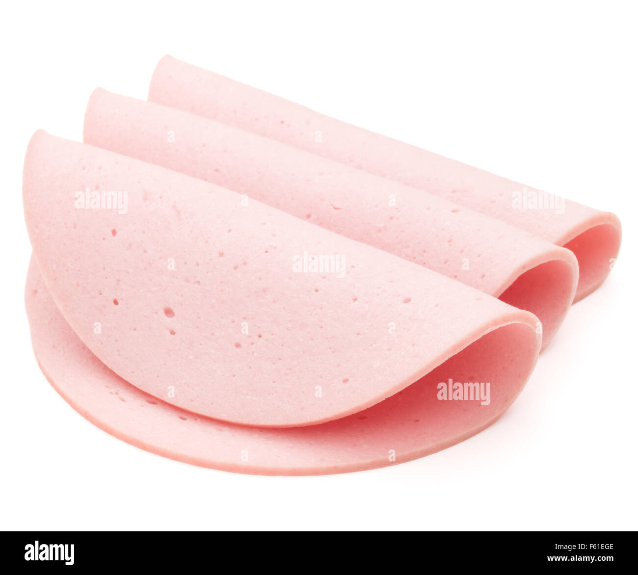 cooked boiled ham sausage or rolled bologna slices isolated on white ...
