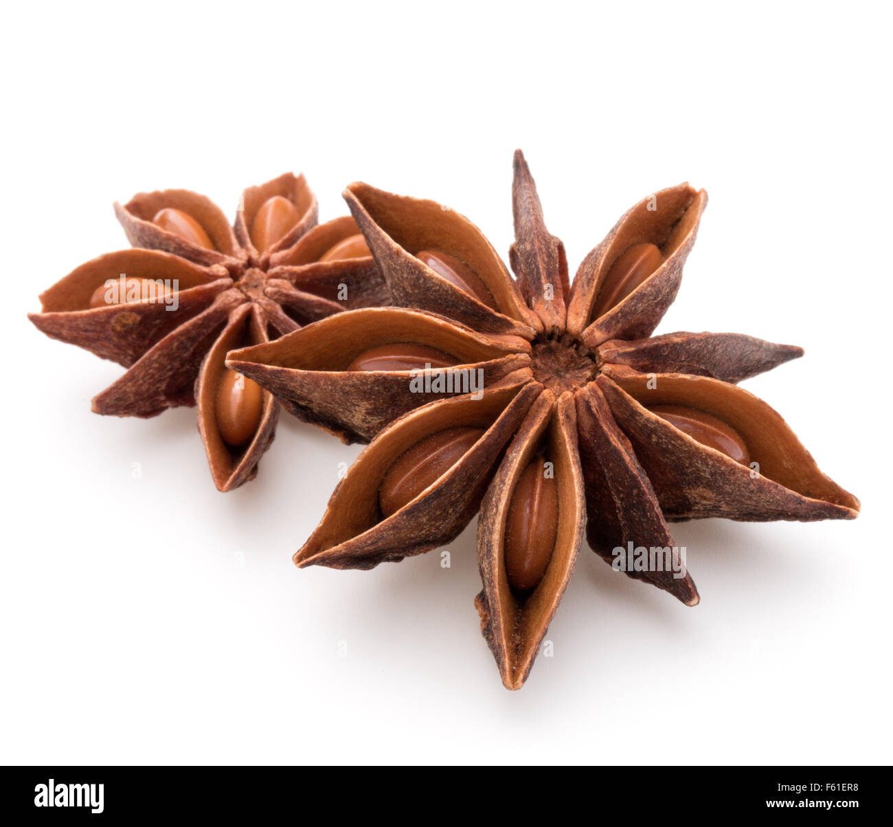Star anise spice fruits and seeds isolated on white background closeup ...