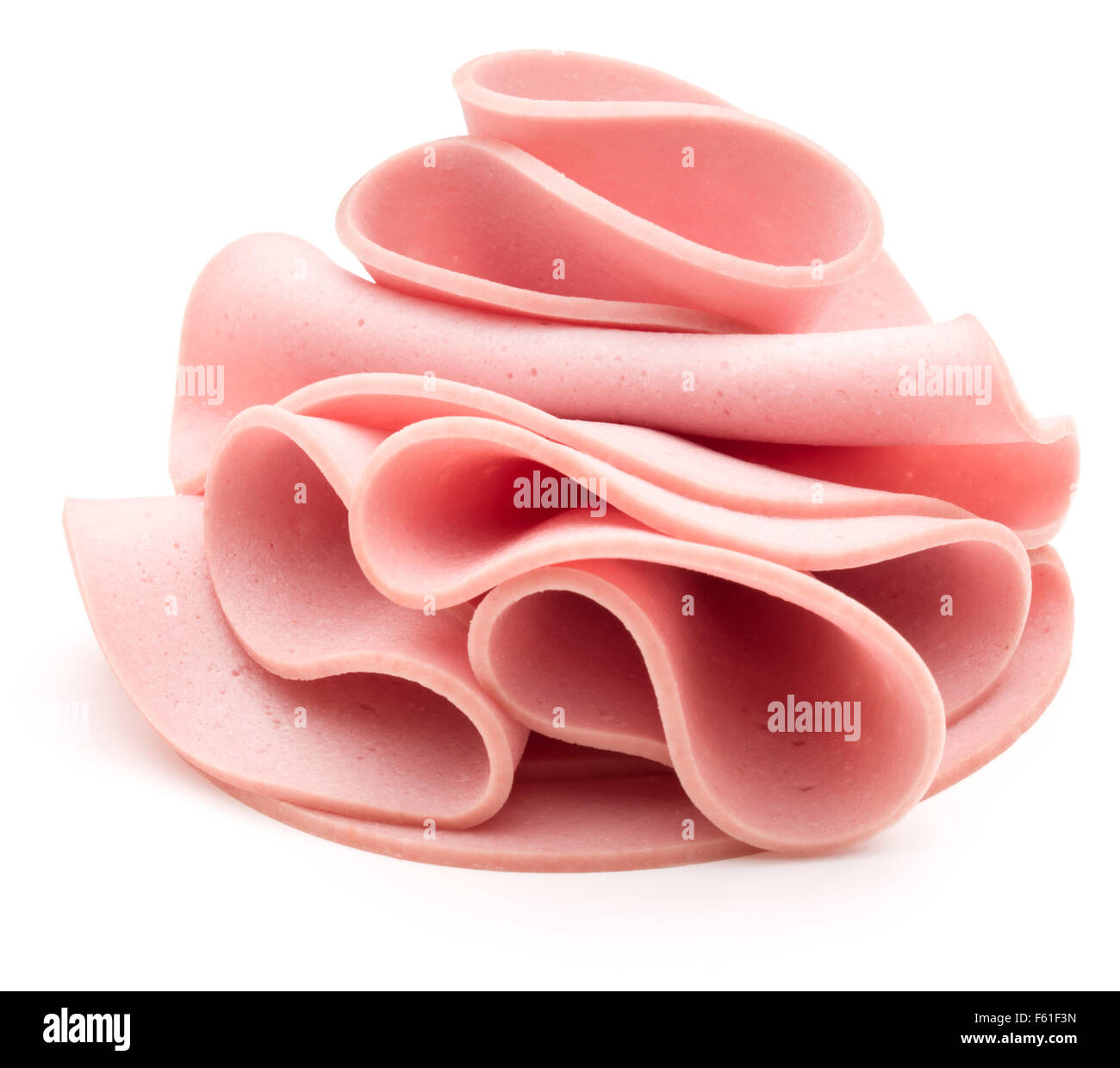 cooked boiled ham sausage or rolled bologna slices isolated on white ...