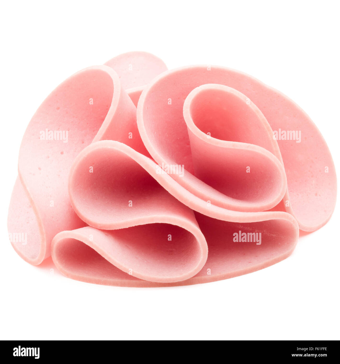cooked boiled ham sausage or rolled bologna slices isolated on white ...