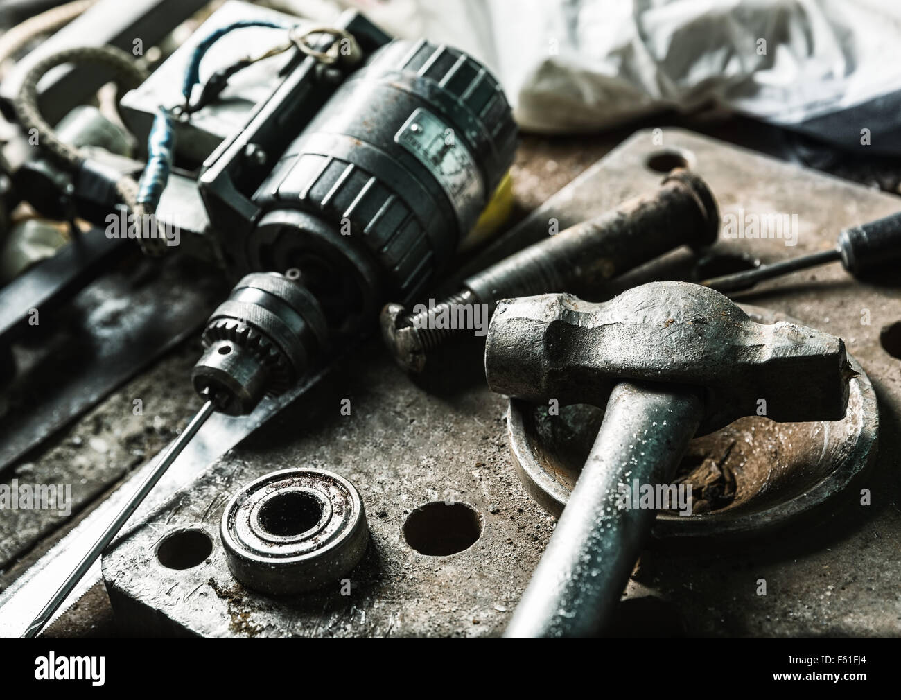 Drill machine, hammer, machanic tools in the workshop Stock Photo - Alamy