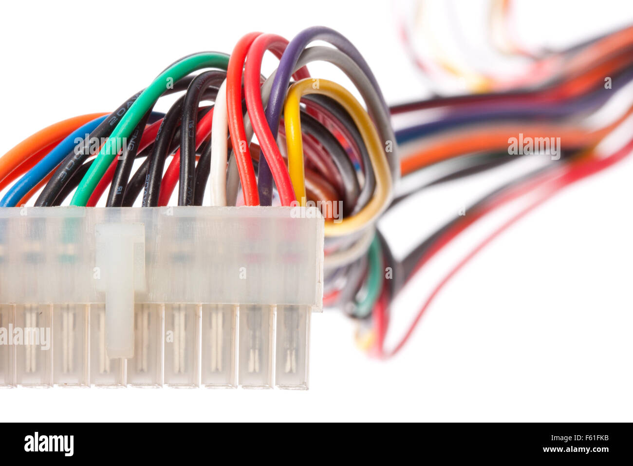 Close-up of electrical plug with colorful cables. Isolated on white ...