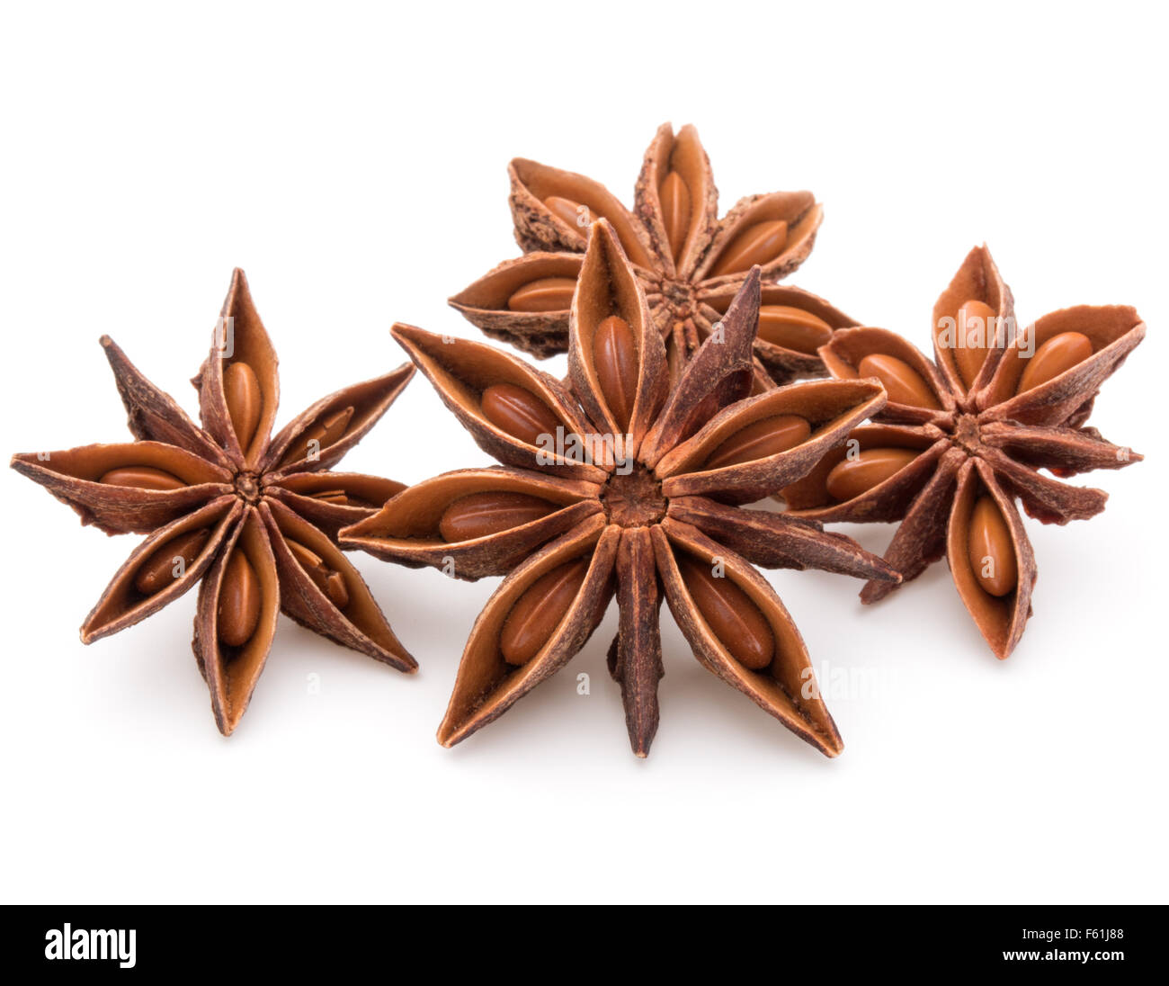 Star anise spice fruits and seeds isolated on white background closeup ...