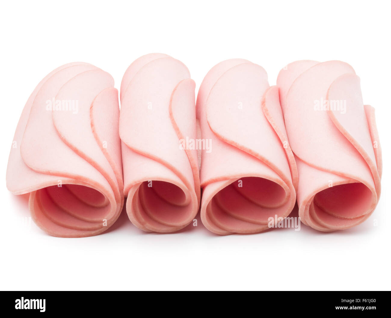 cooked boiled ham sausage or rolled bologna slices isolated on white ...