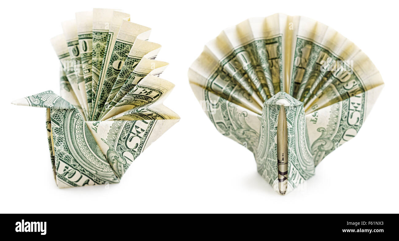 Dollar origami peacock isolated on white background. Moneygami Stock ...
