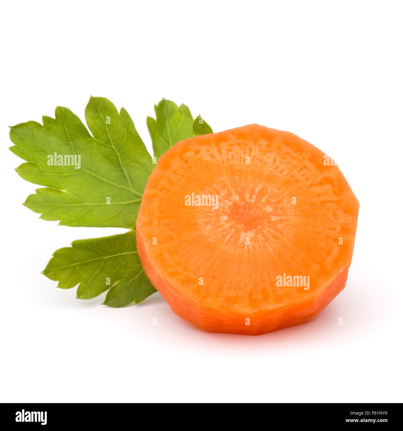 Chopped carrot slice and parsley herb leaves still life isolated on ...