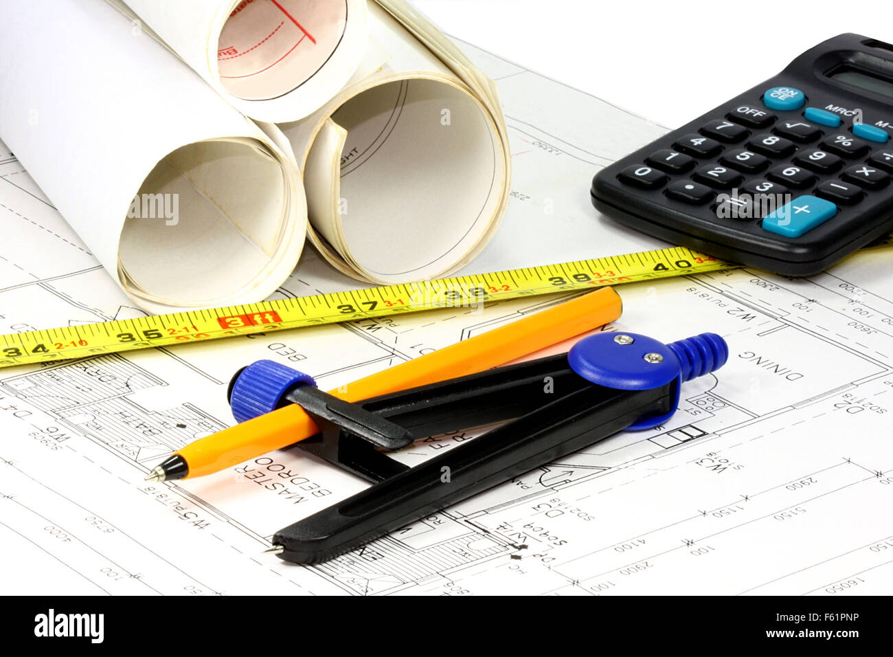 house plans with compass calculator and ruler Stock Photo - Alamy