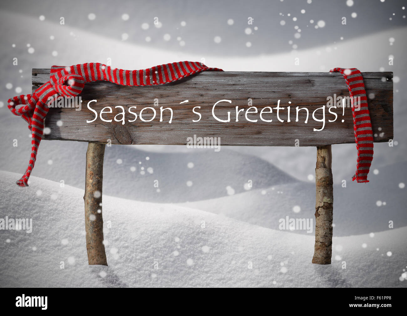 Christmas Sign Seasons Greetings Snowflake, Red Ribbon, Snow Stock ...