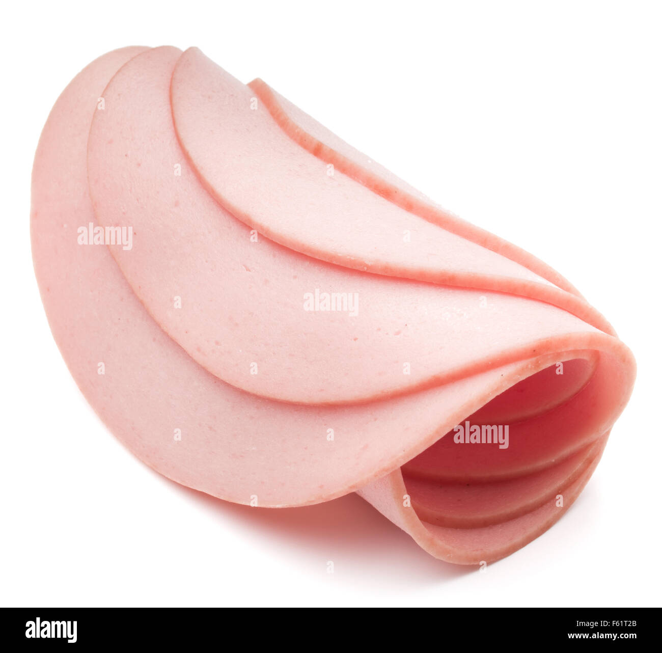 cooked boiled ham sausage or rolled bologna slices isolated on white ...