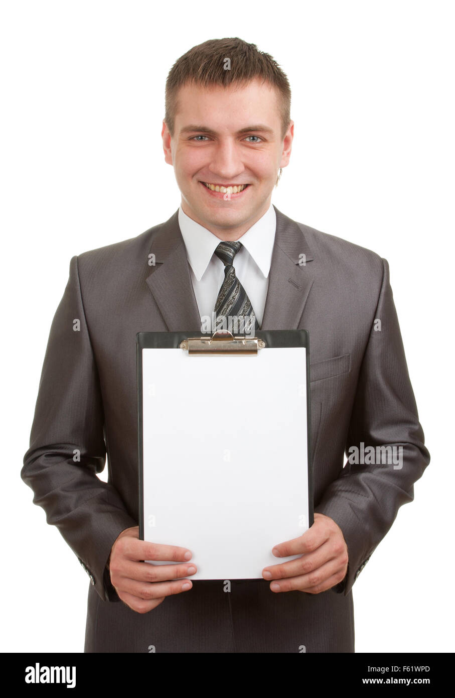 Smiling businessman holding clipboard. Isolated on white Stock Photo ...