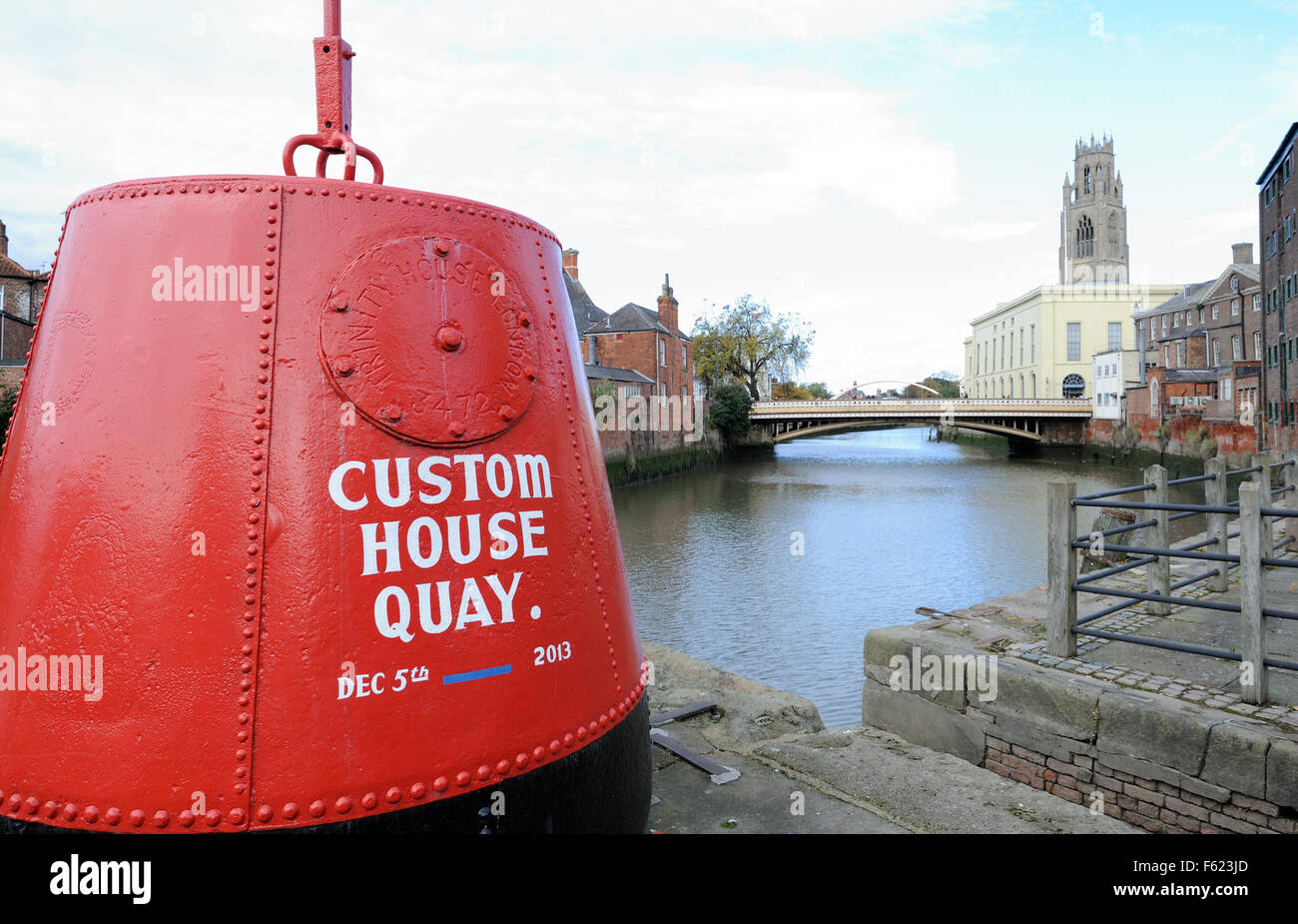 A buoy in Custom House Quay. The Boston Stump, the tower of St Botolph ...