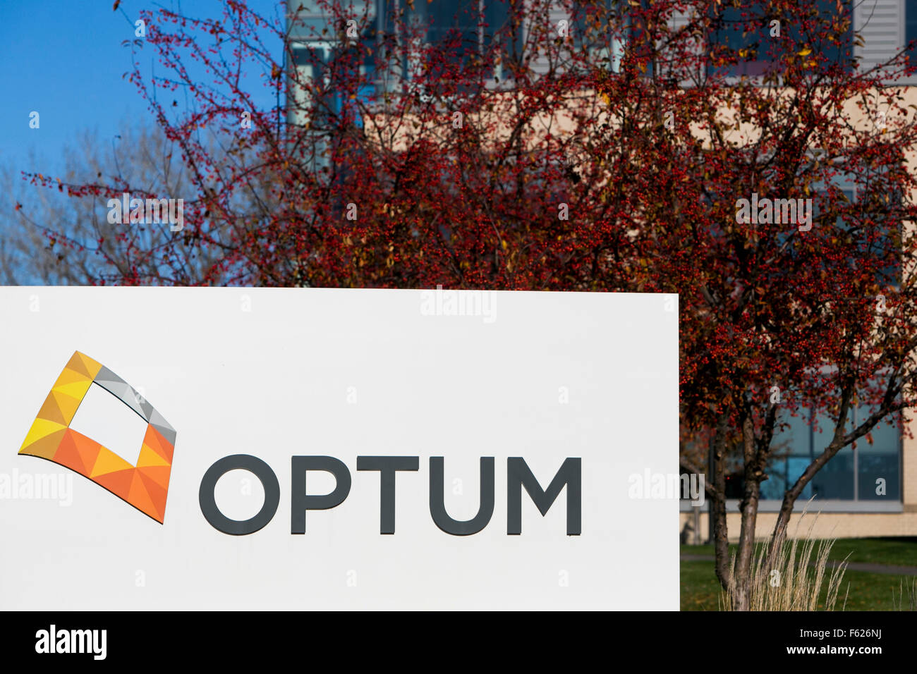 A logo sign outside of the headquarters of Optum in Eden Prairie ...