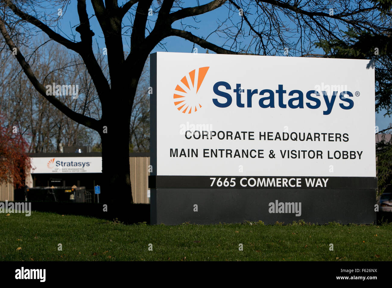 A logo sign outside of the headquarters of Stratasys Ltd., in Eden ...