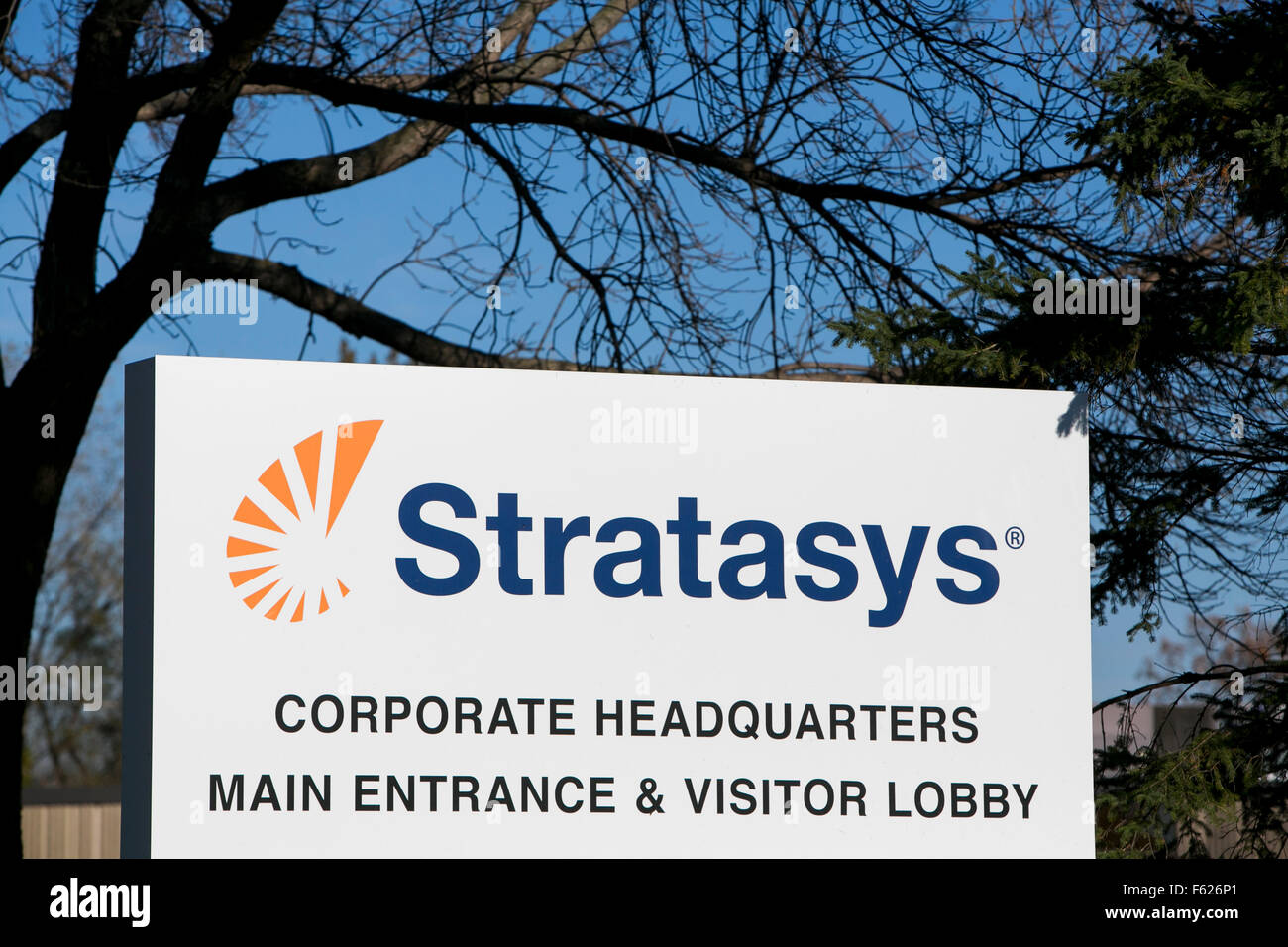 A logo sign outside of the headquarters of Stratasys Ltd., in Eden ...