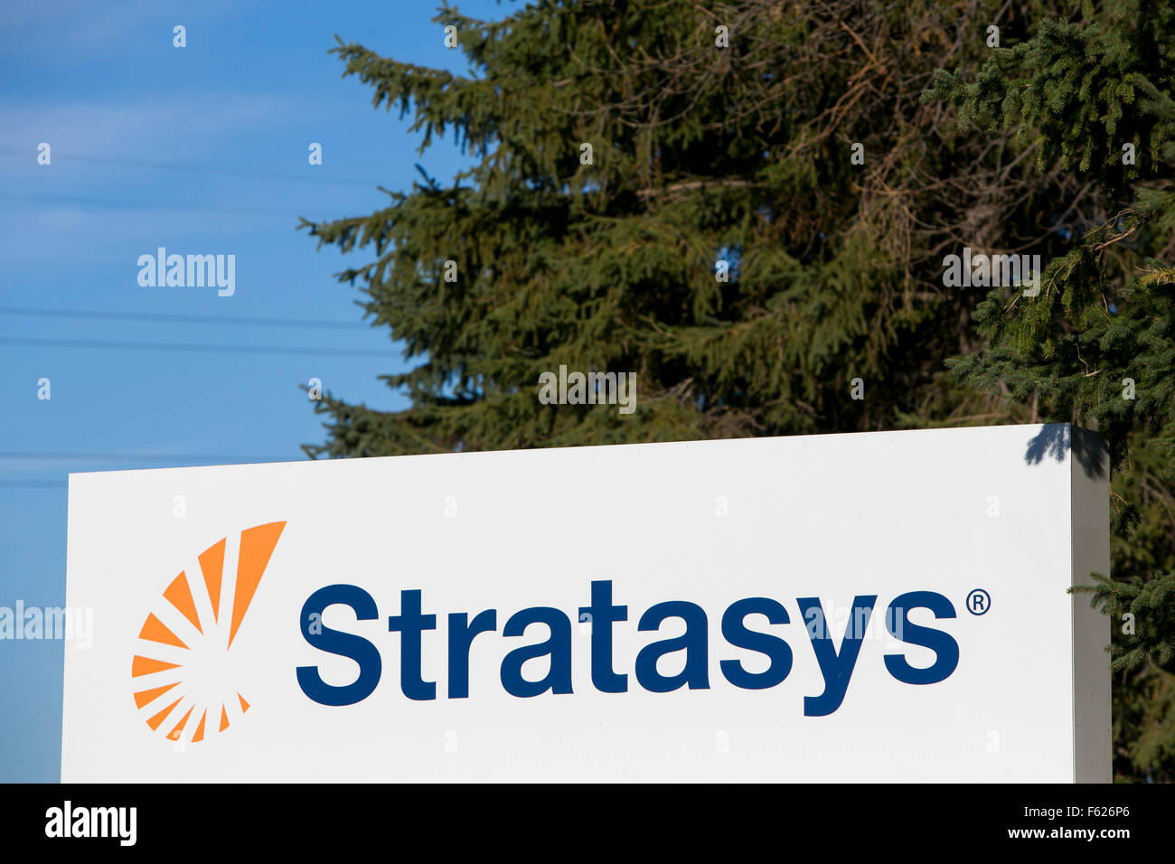 A logo sign outside of the headquarters of Stratasys Ltd., in Eden Prairie, Minnesota on October ...