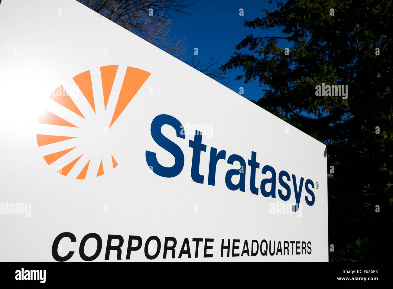 A logo sign outside of the headquarters of Stratasys Ltd., in Eden Prairie, Minnesota on October ...