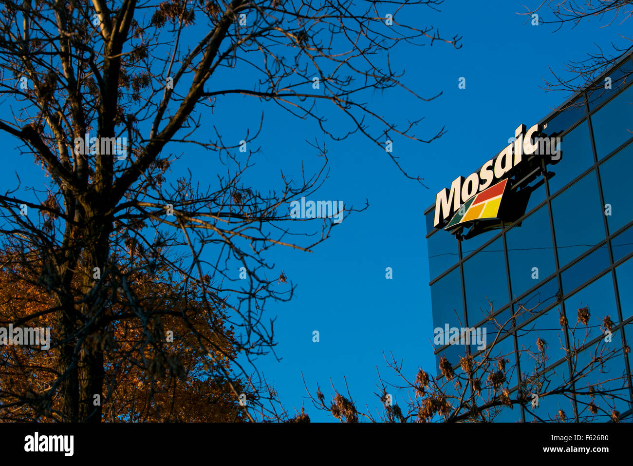 A logo sign outside of the headquarters of The Mosaic Company in ...