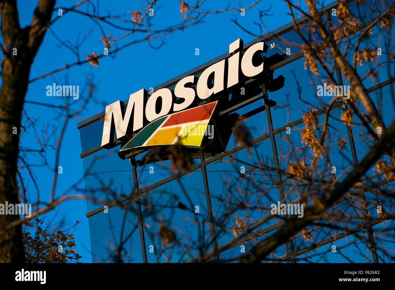 A logo sign outside of the headquarters of The Mosaic Company in ...