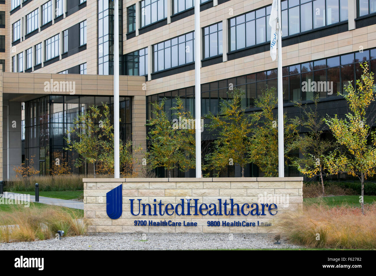 A logo sign outside of the headquarters of UnitedHealthcare in ...
