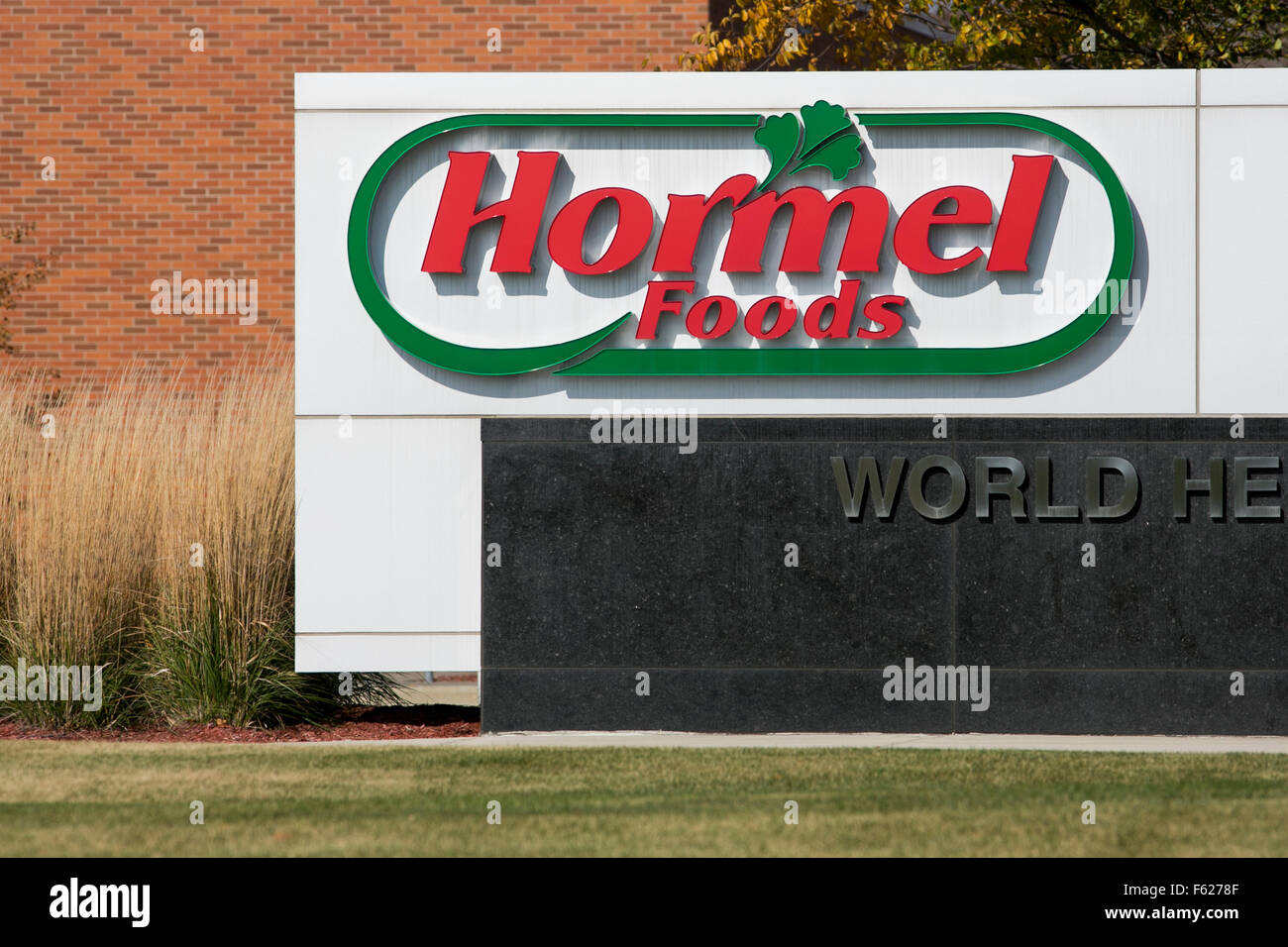 A logo sign outside of the headquarters of the Hormel Foods Corporation ...