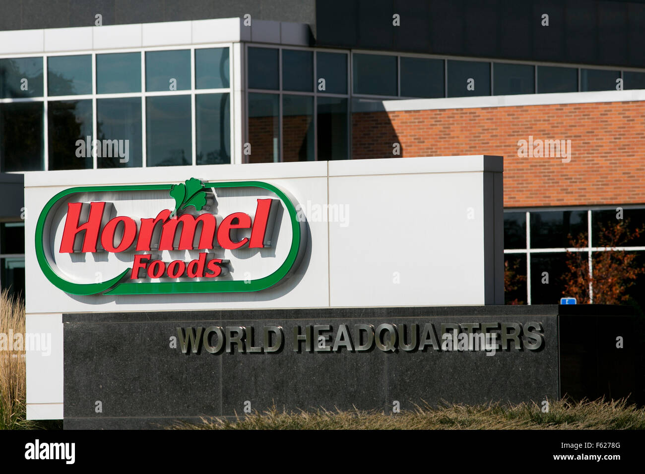 A logo sign outside of the headquarters of the Hormel Foods Corporation ...