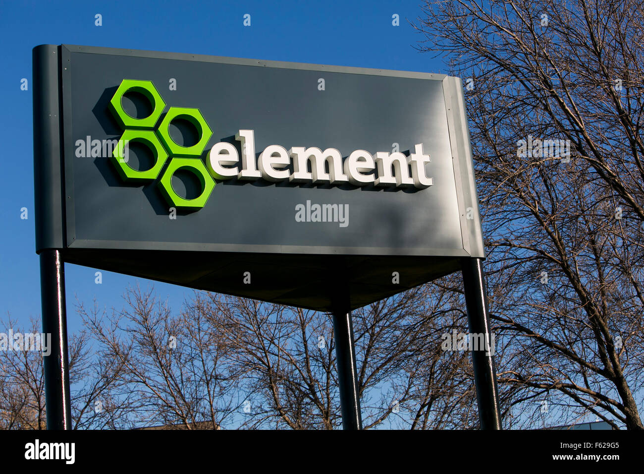 A logo sign outside of a facility occupied by Element Financial in Eden ...