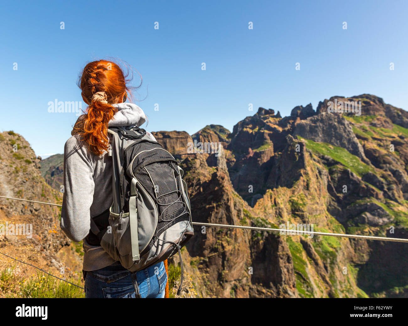 Traveler hiking in mountains in summer day, Portugal, Madeira Stock ...