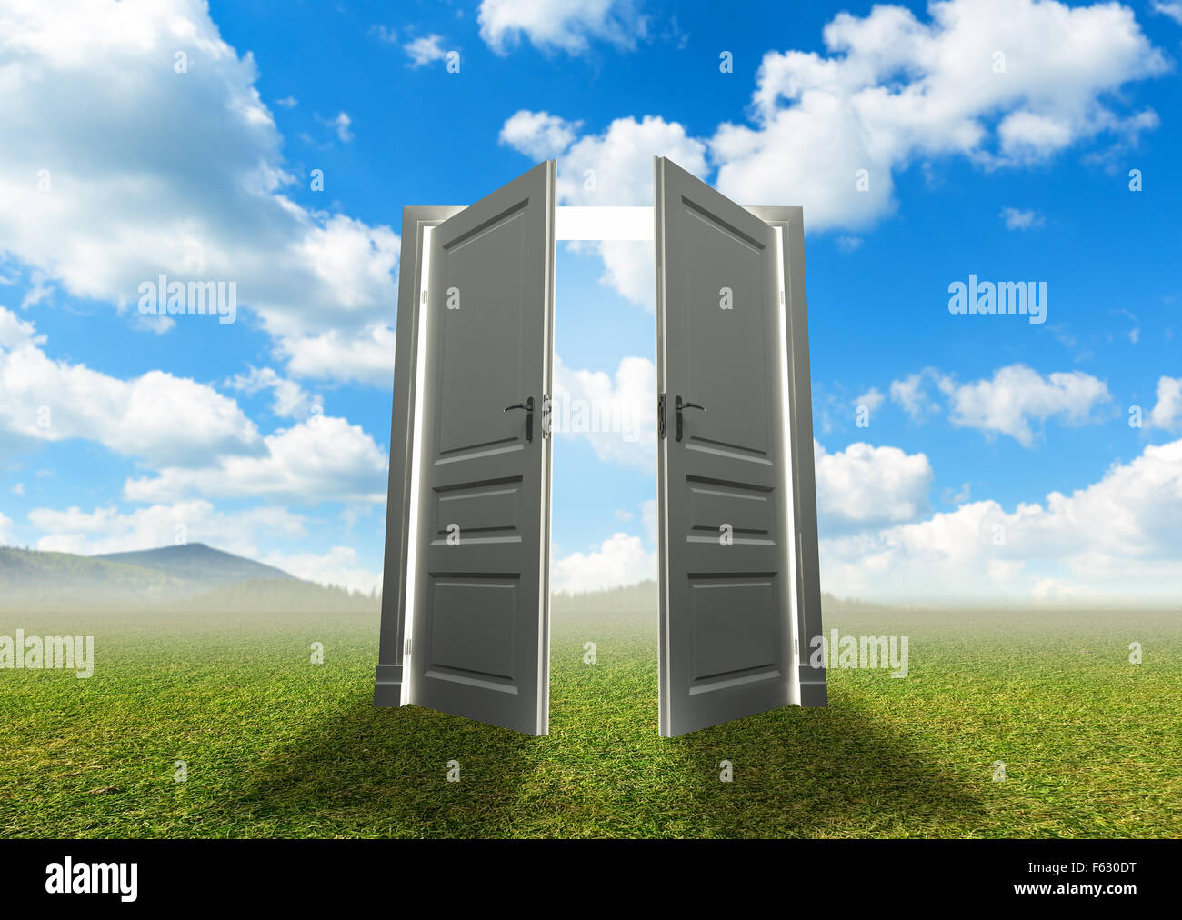 White opened door on nature background Stock Photo - Alamy