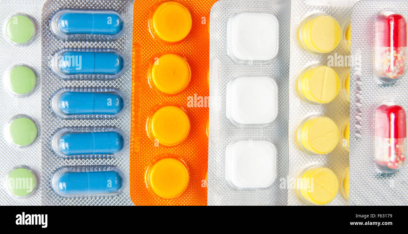 Row of colorful medicines. Use for background Stock Photo - Alamy