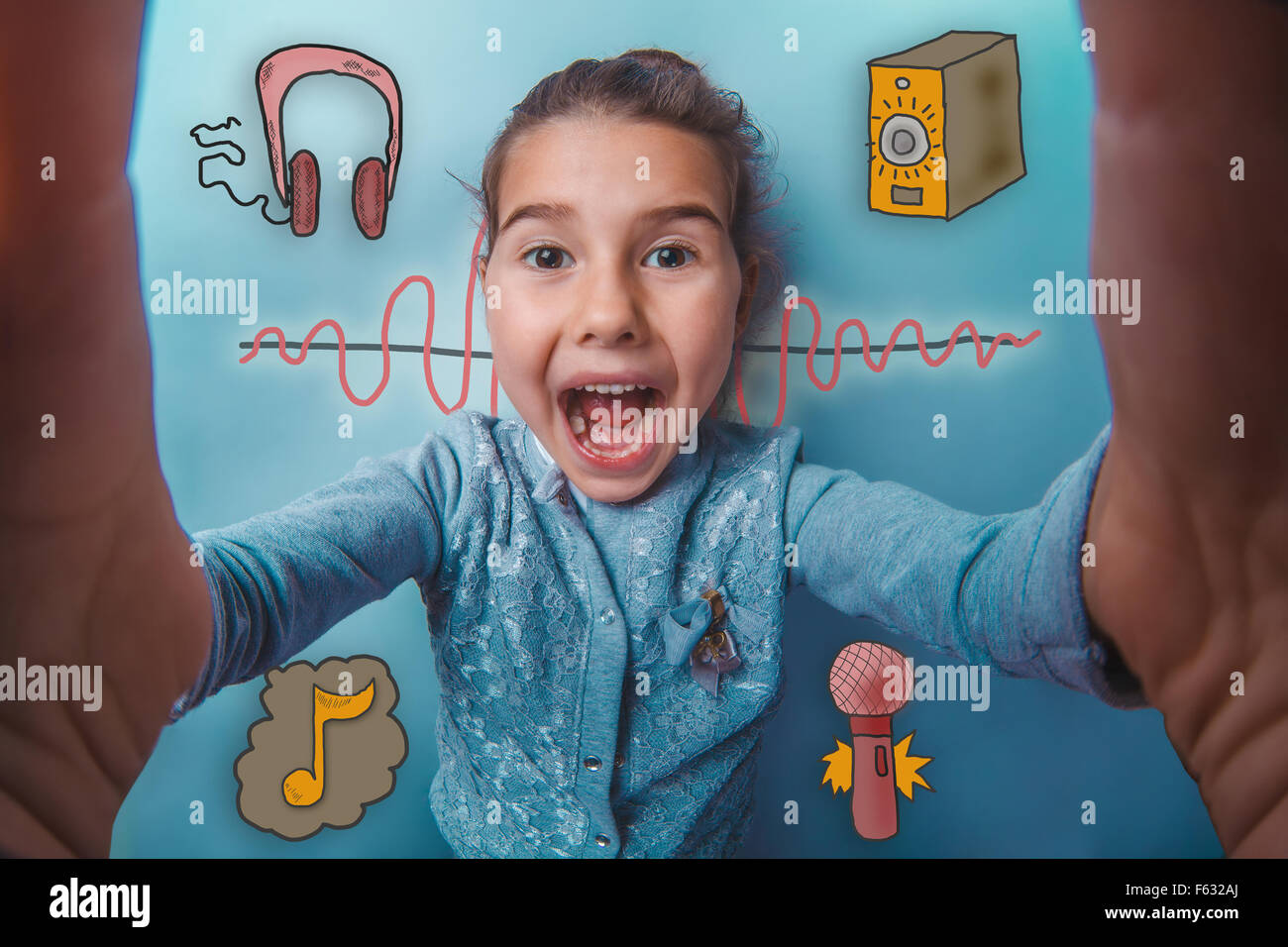 girl smiles and takes the self happy joyful sound wave music radio ...