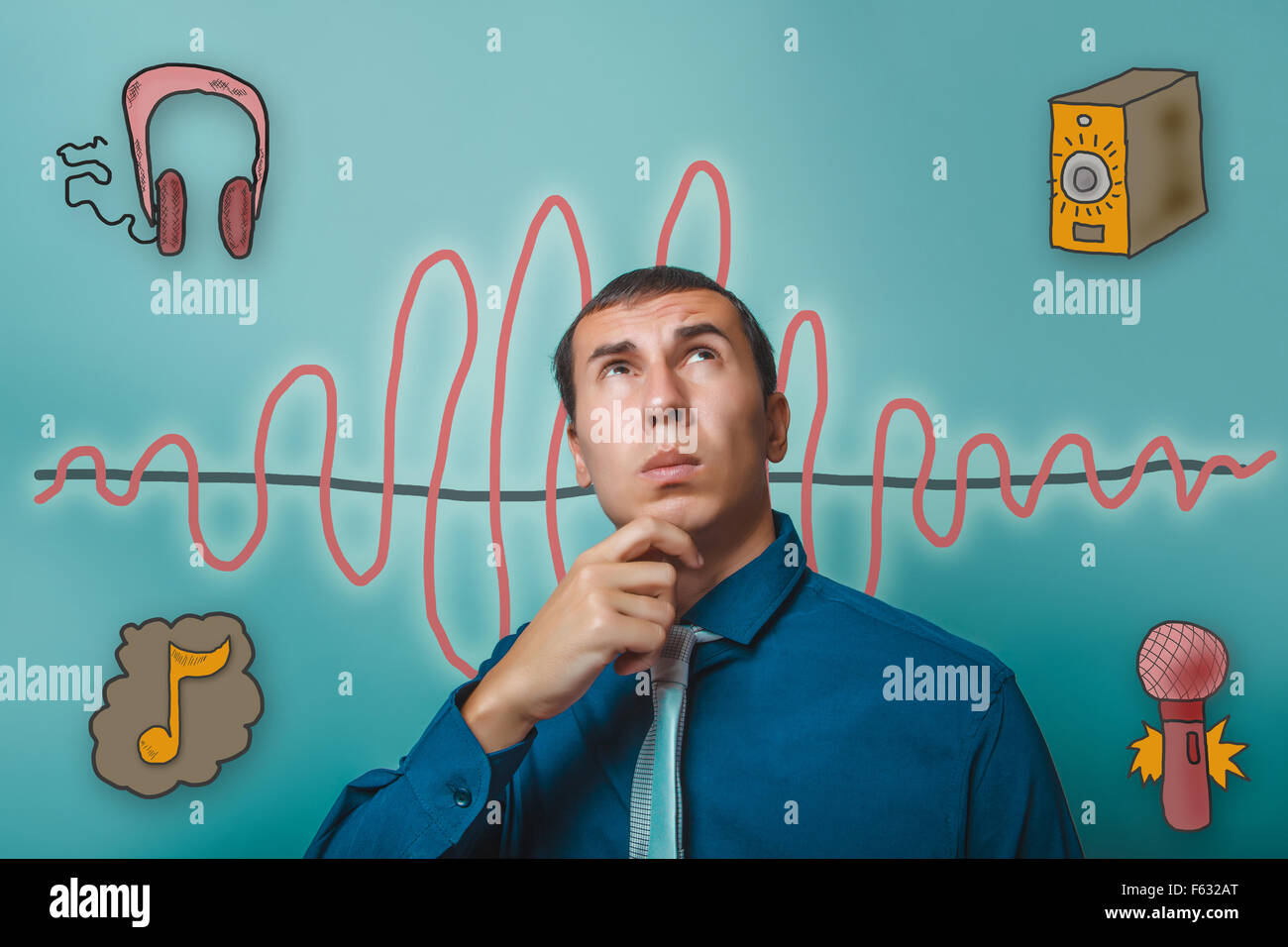 Male from businessman looking up and thinking reflects a sound wave ...