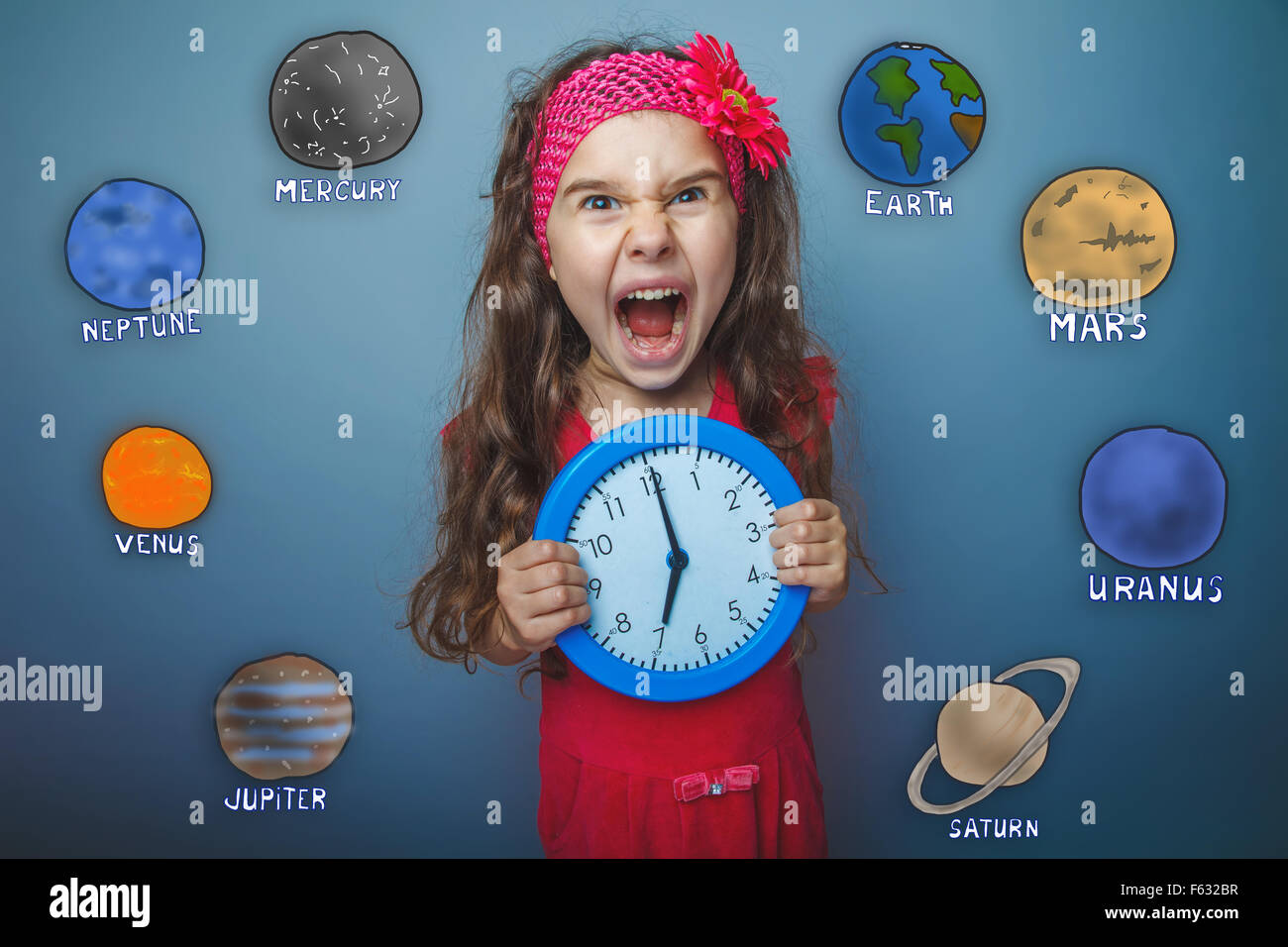 Teen girl gets angry and yells holding round the clock in the hands of ...