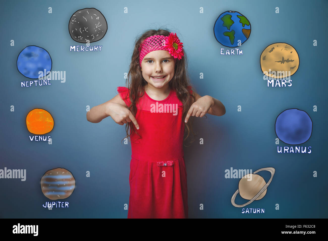 teen girl showing thumbs down and smiling at the planet of the solar ...
