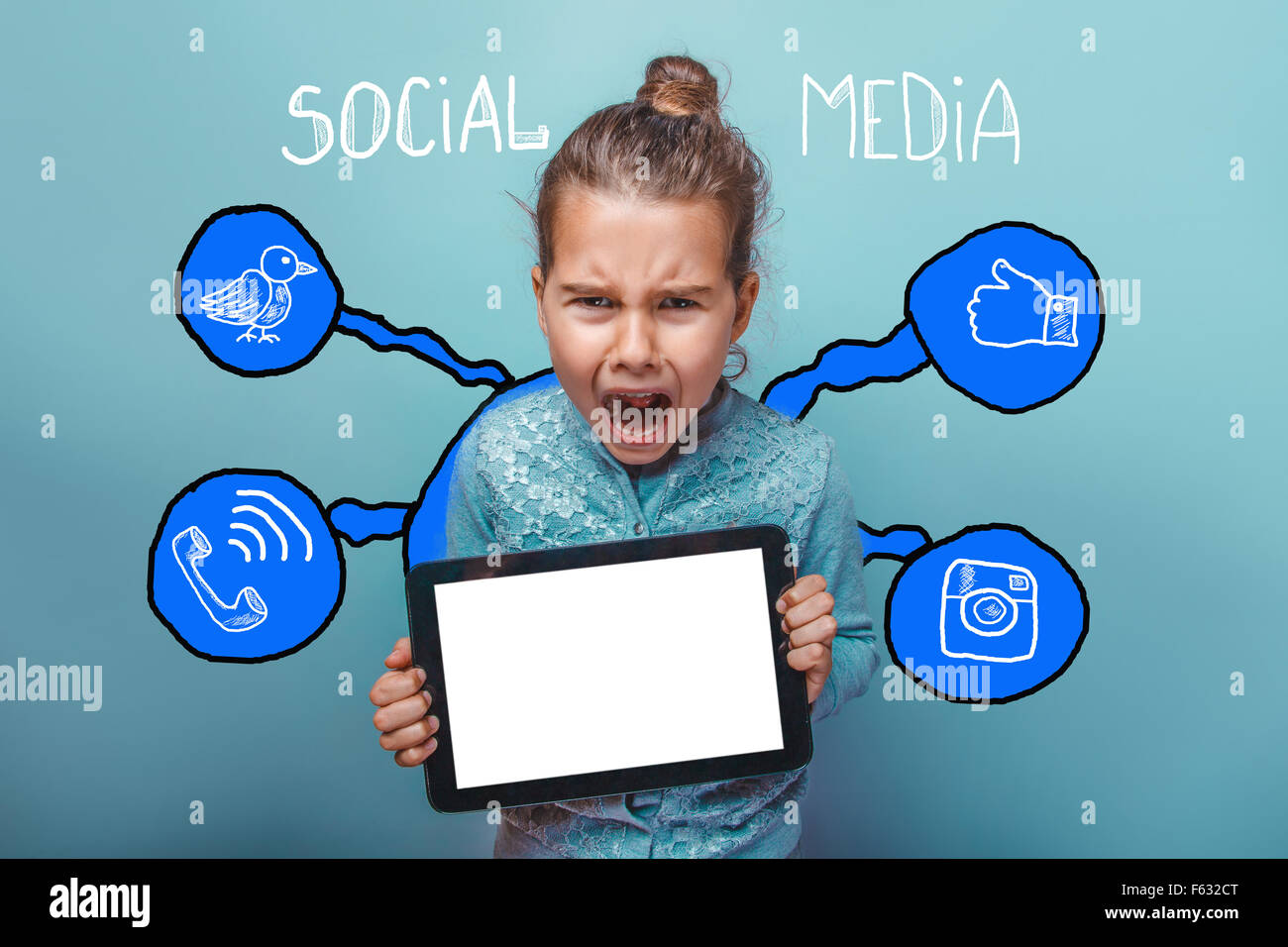 girl holding the tablet and screaming angry social media infographics ...