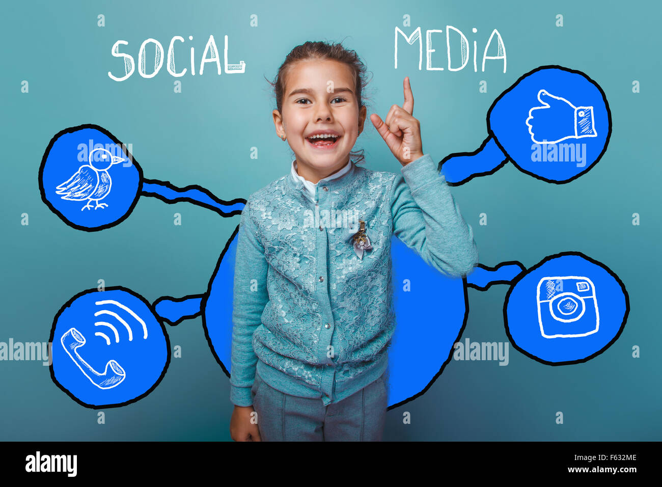 laughing girl points upward social media infographics sketch Internet ...