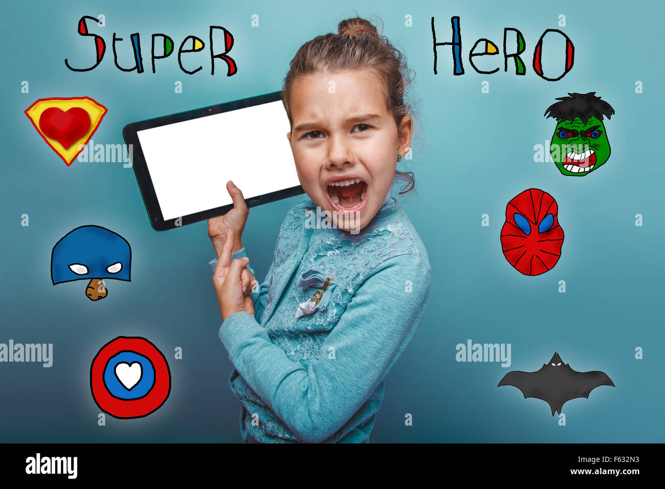 girl holding a tablet and shouting his mouth open super hero super ...