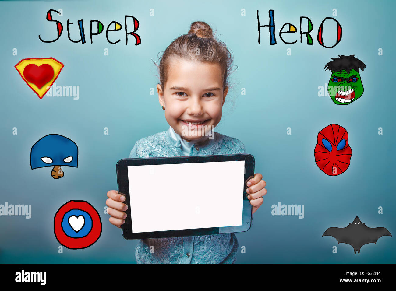 girl holding the tablet and rejoice smile super hero super power at the ...