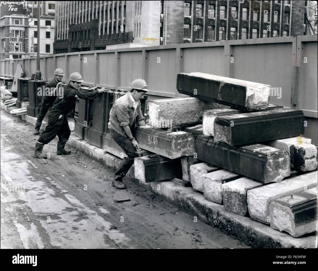 1968 - The first of the stones taken from London bridge - being stacked ...