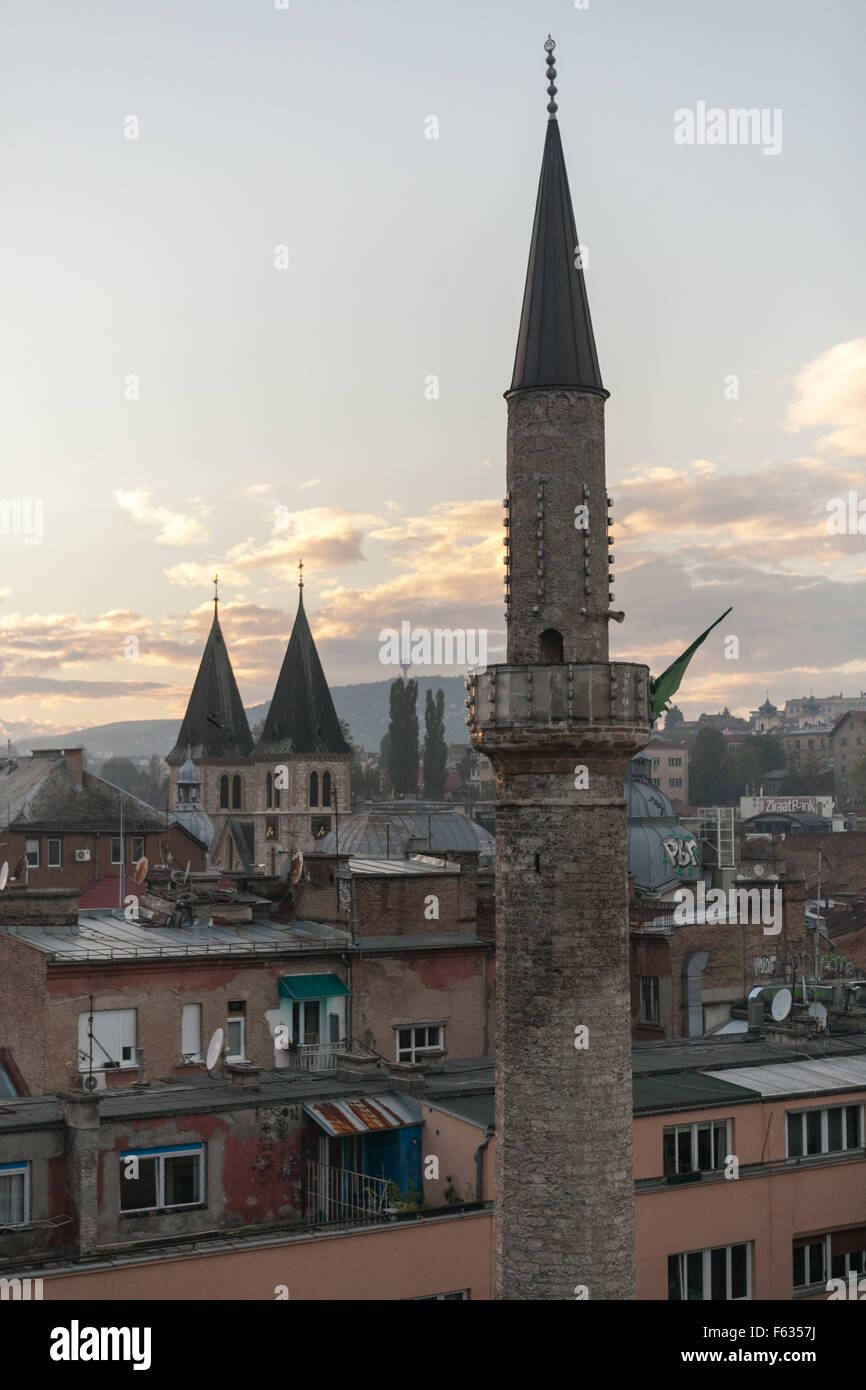 Ferhadija mosque and The Sacred Heart Cathedral in Sarajevo Stock Photo ...