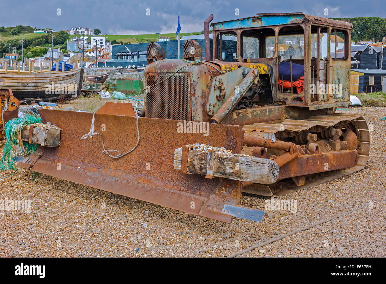 Rusty Abandoned Old Bulldozer On The Foreshore Hastings UK Stock Photo ...