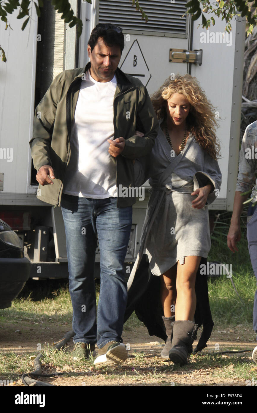 Shakira films a commercial in Tossa de Mar, Spain. The singer wears a ...