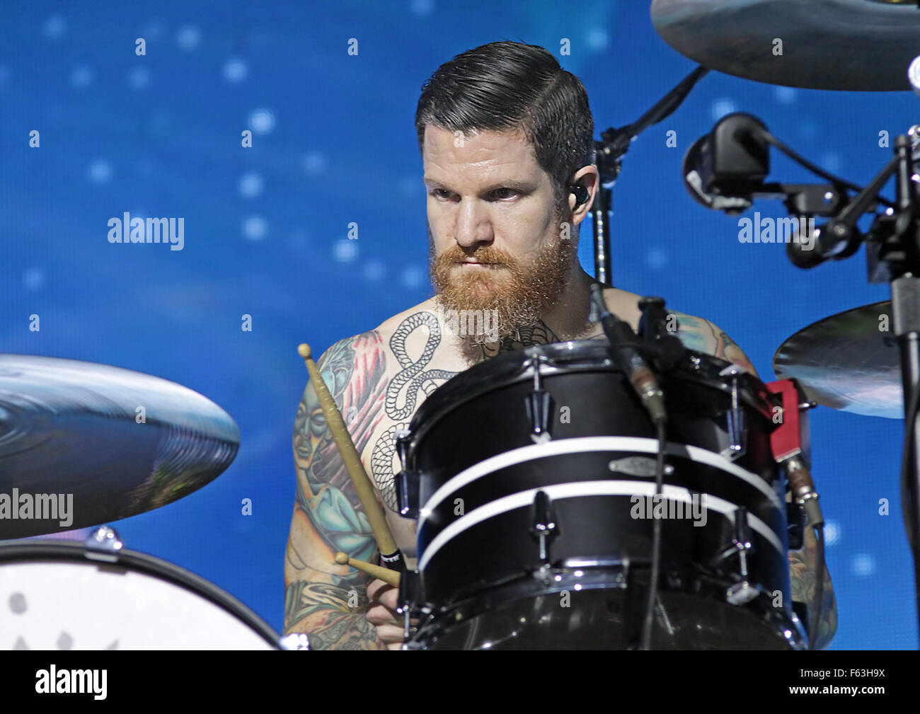 Fall Out Boy Performing at Manchester Arena Featuring: Andy Hurley ...