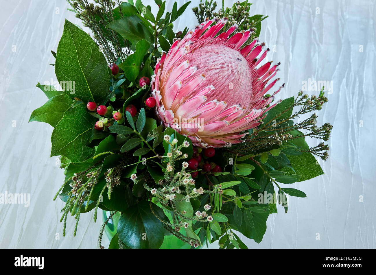 Wonderful bouquet of a single Protea blossom and greenery Stock Photo ...