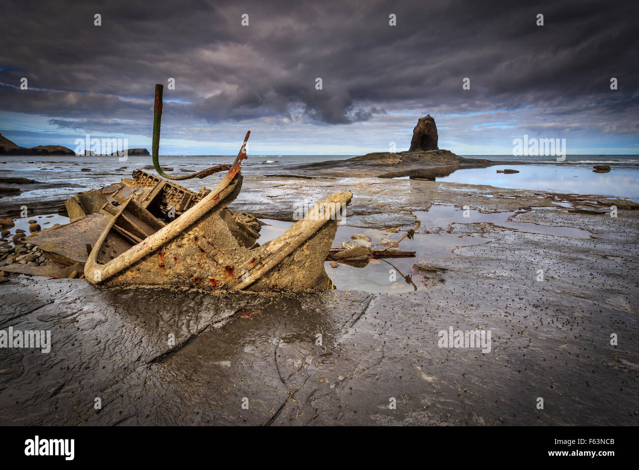 The wreck of the Admiral von Tromp on the rocks of Saltwick Bay Stock ...